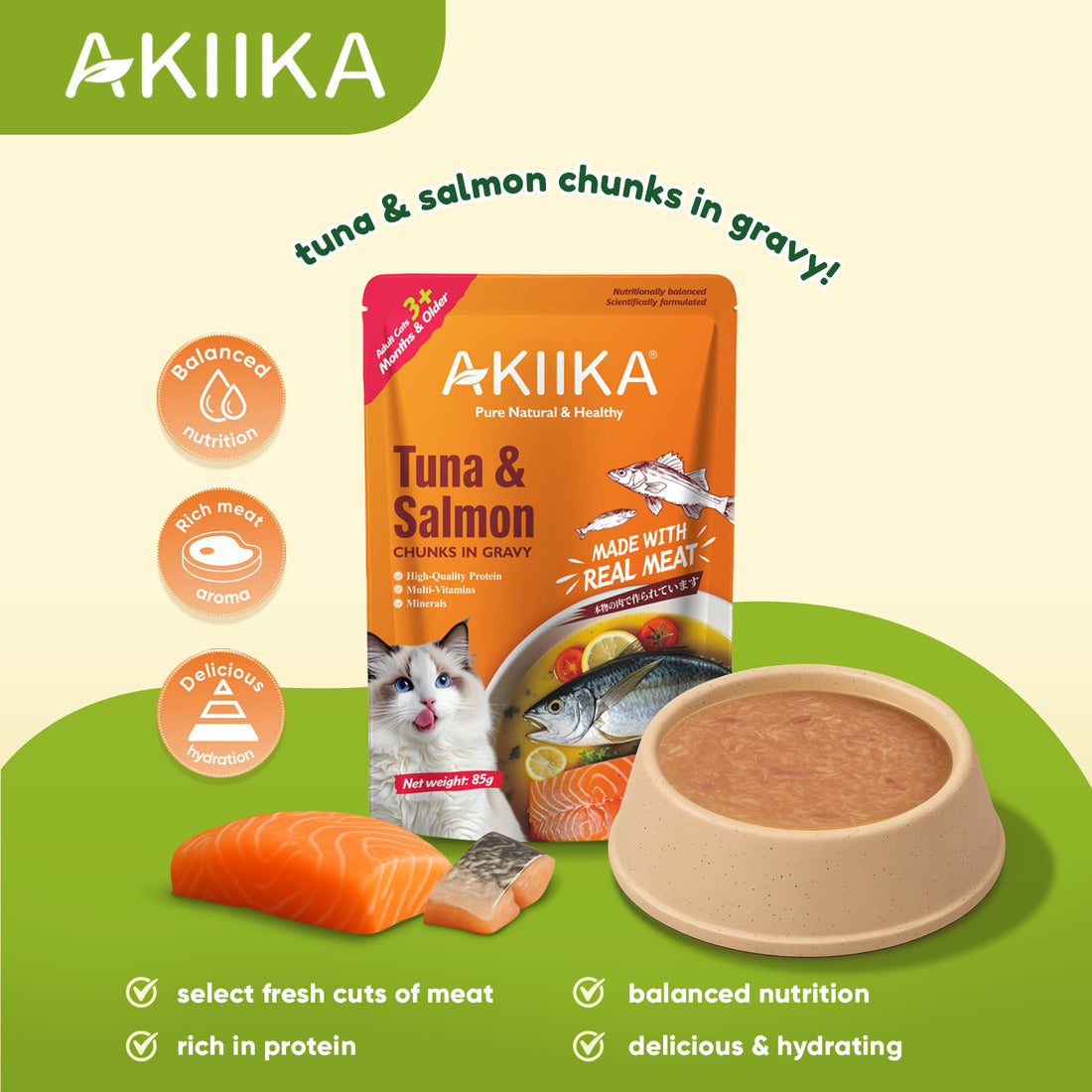 AKIIKA Tuna & Salmon Chunks in Gravy Natural Cat Wet Food 85g – AKIIKA ...