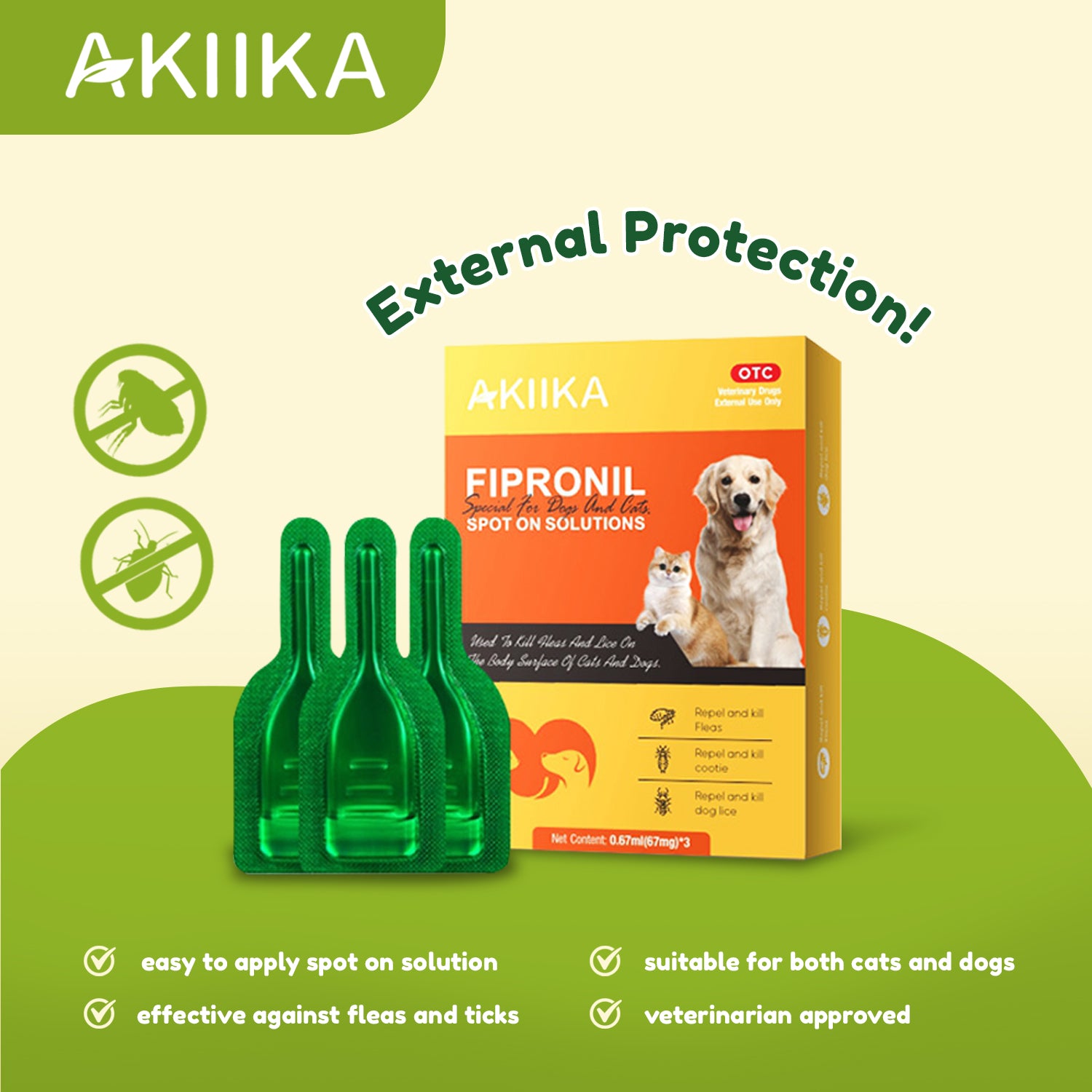 AKIIKA 3pcs Fipronil Spot On 0.67ml in one Box – AKIIKA Pets Store